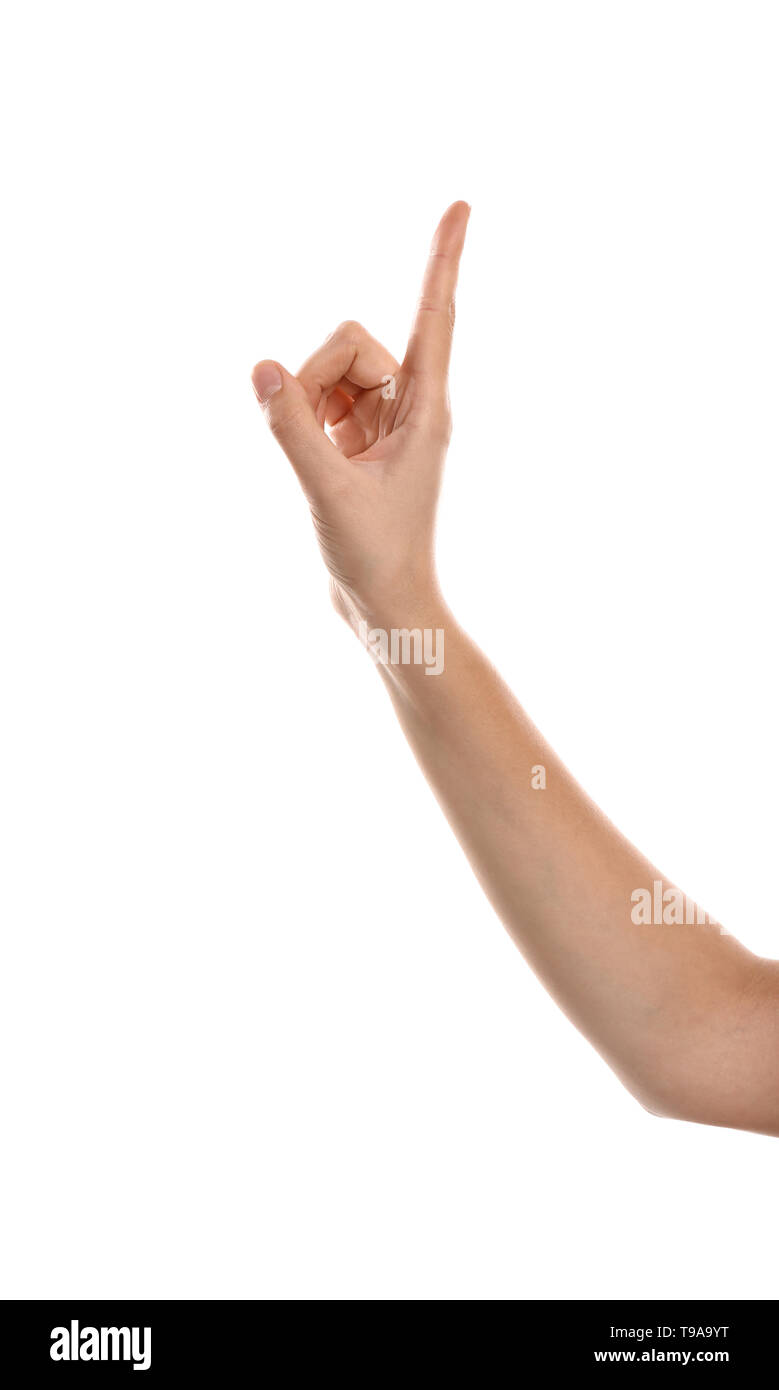 Female hand with raised index finger on white background Stock Photo ...