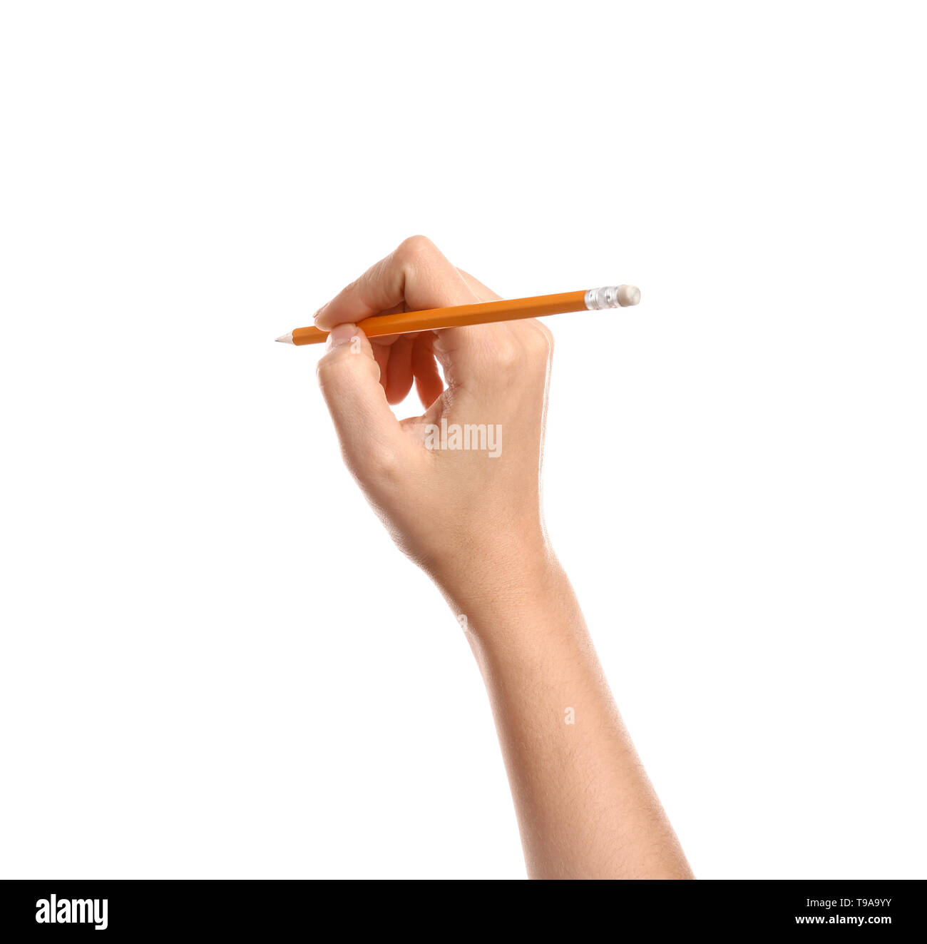 Female hand with pencil on white background Stock Photo - Alamy
