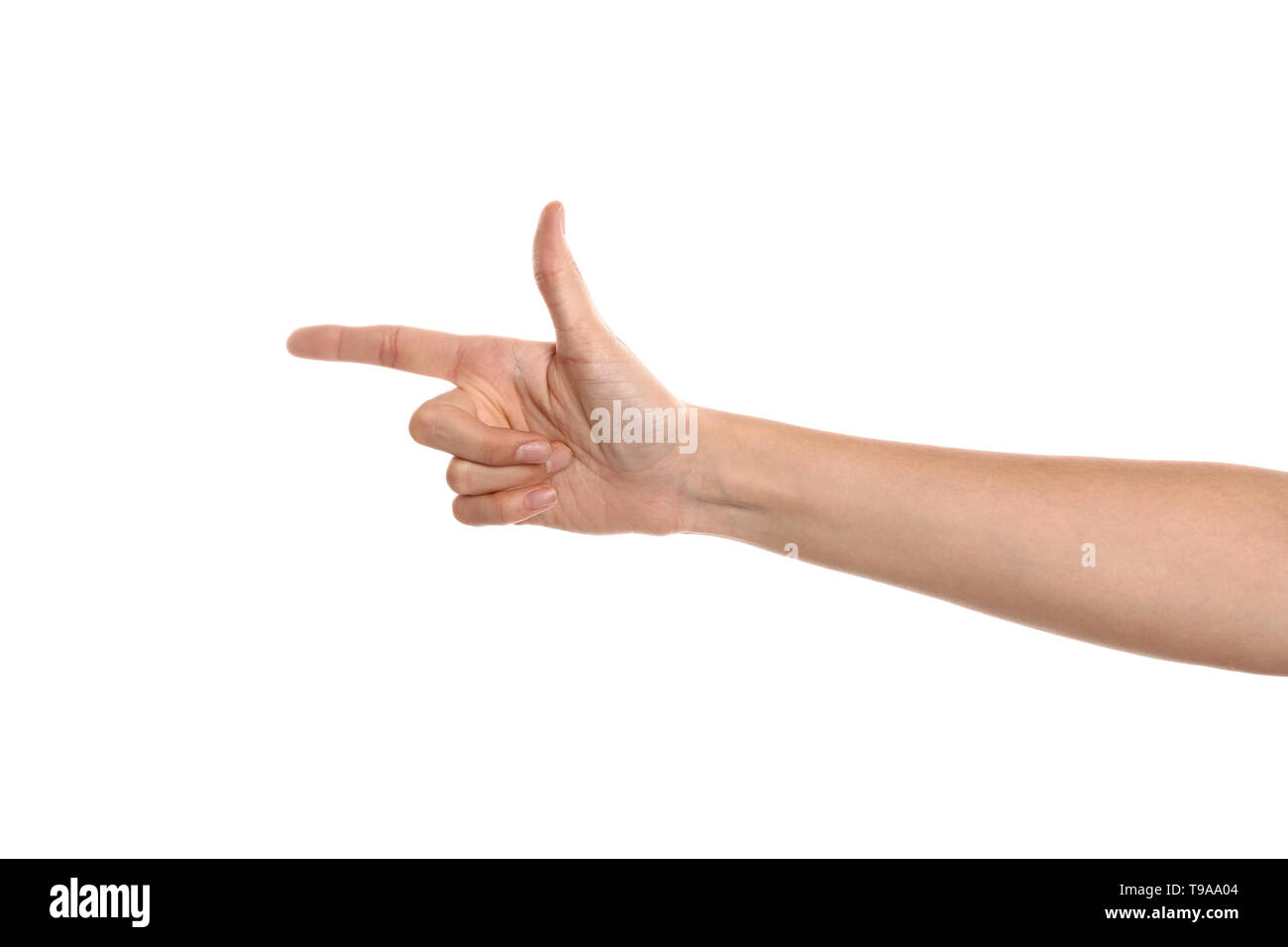 Female hand pointing at something on white background Stock Photo - Alamy