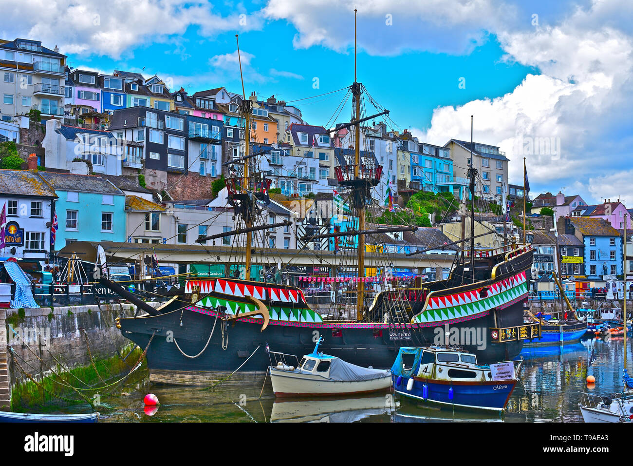 A view of Brixham harbour with The Golden Hind in the centre. A full ...