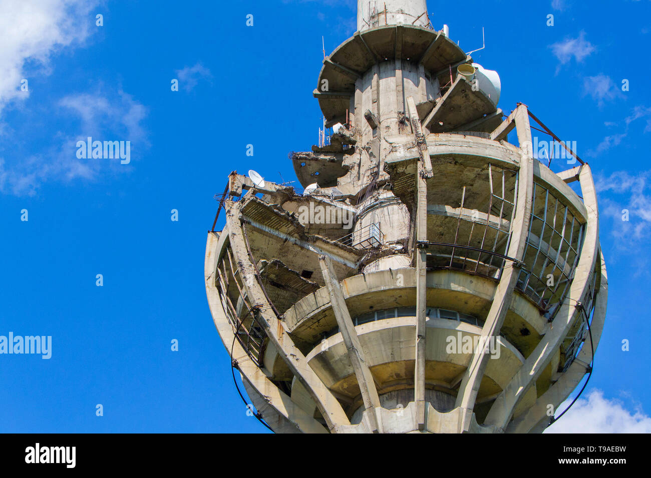 TV tower in Fruska Gora, Novi Sad, Serbia, damaged in the NATO bombing ...