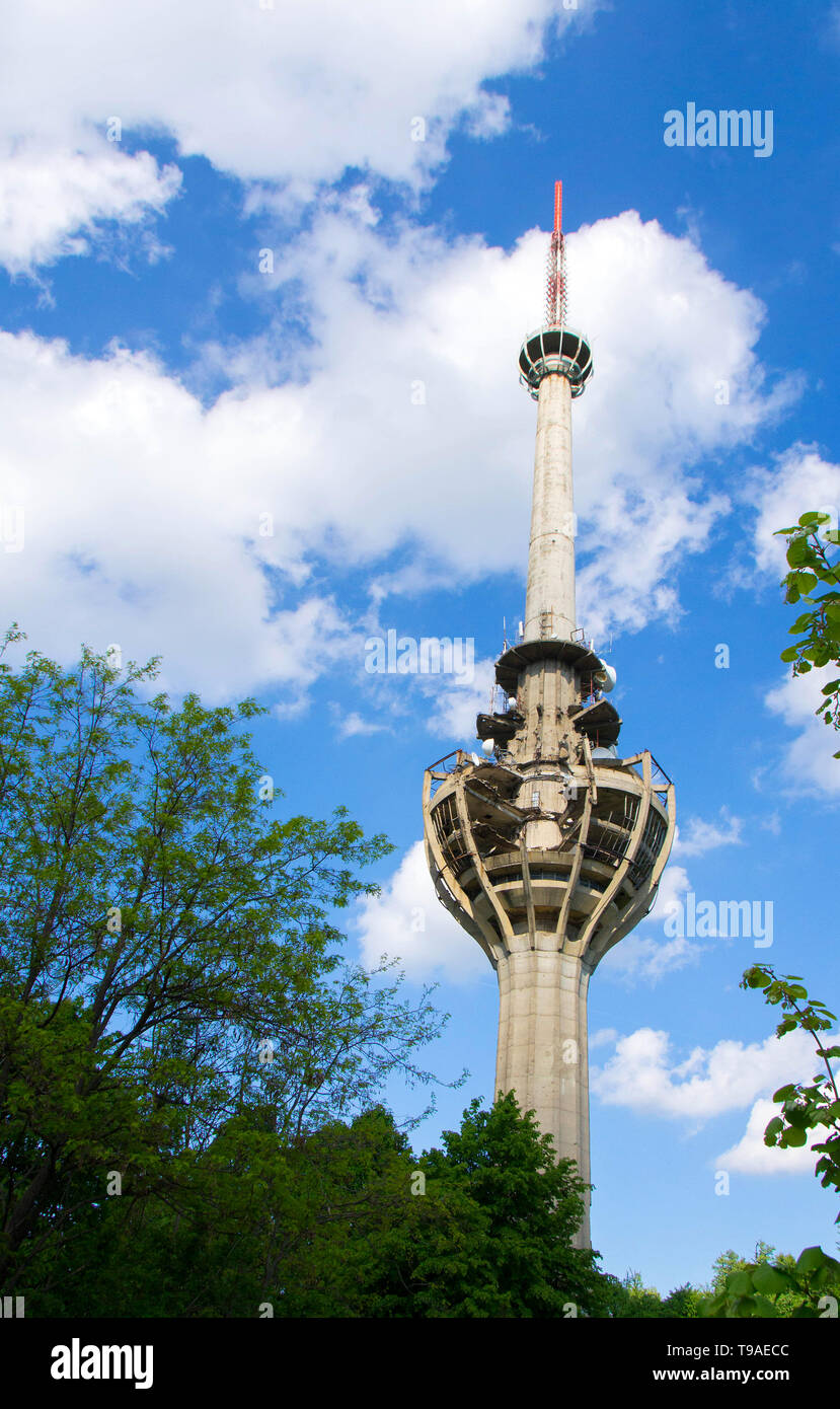 TV tower in Fruska Gora, Novi Sad, Serbia, damaged in the NATO bombing ...