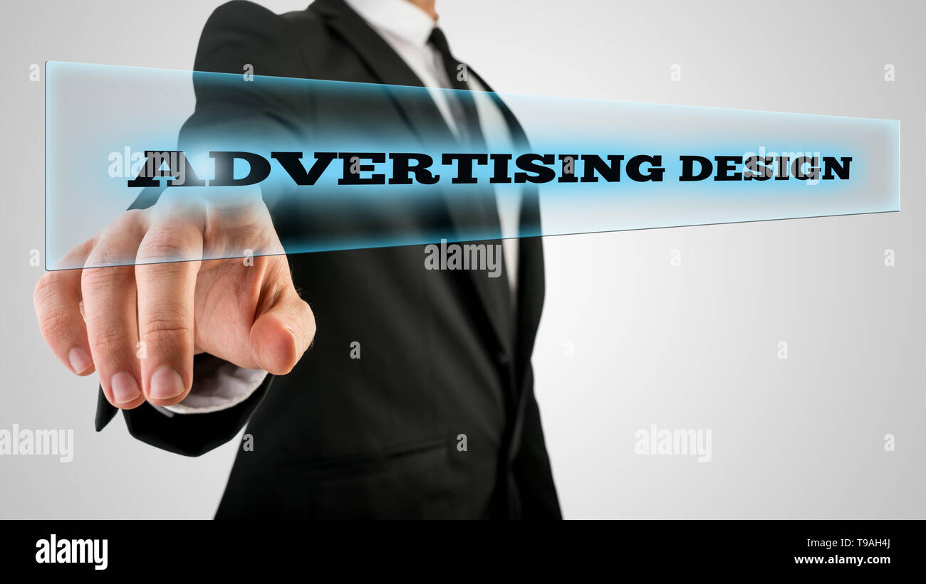 Male hand activating an Advertising design button on virtual screen ...