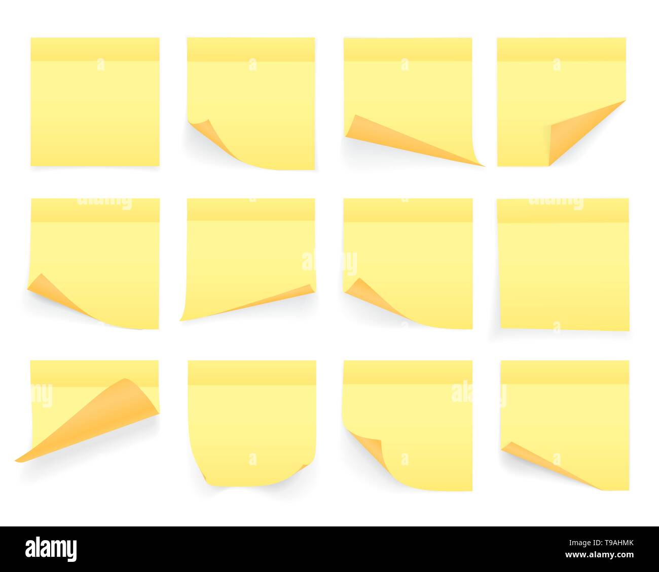 Collection of yellow colored sheets of note papers with curled corner ...