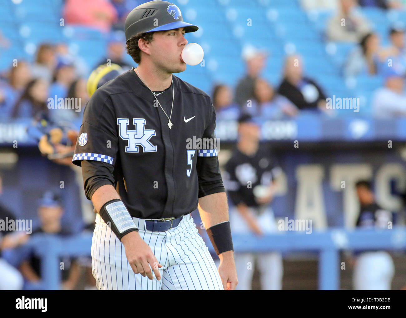 Lexington, KY, USA. 14th May, 2019. Kentucky's TJ Collett blows a ...