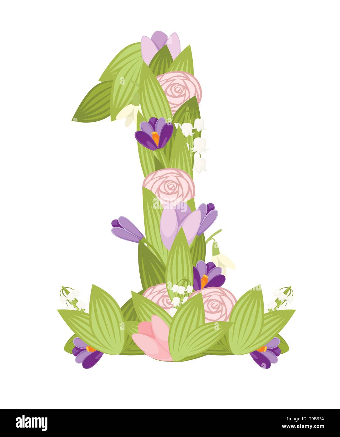 Number one. Cartoon flower font design. Number - 1 with flowers and ...