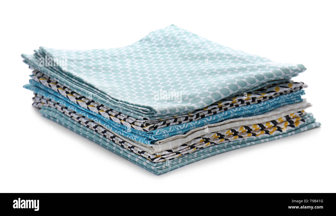 Clean kitchen towels on white background Stock Photo - Alamy