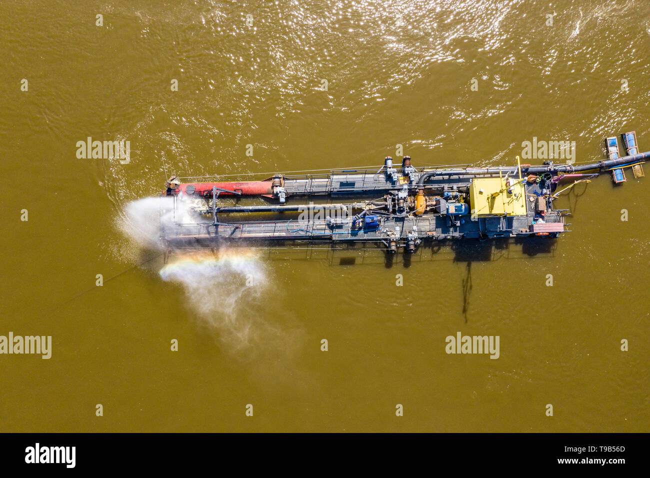 Water pump on the river bank on a big boat. Aerial view Stock Photo - Alamy