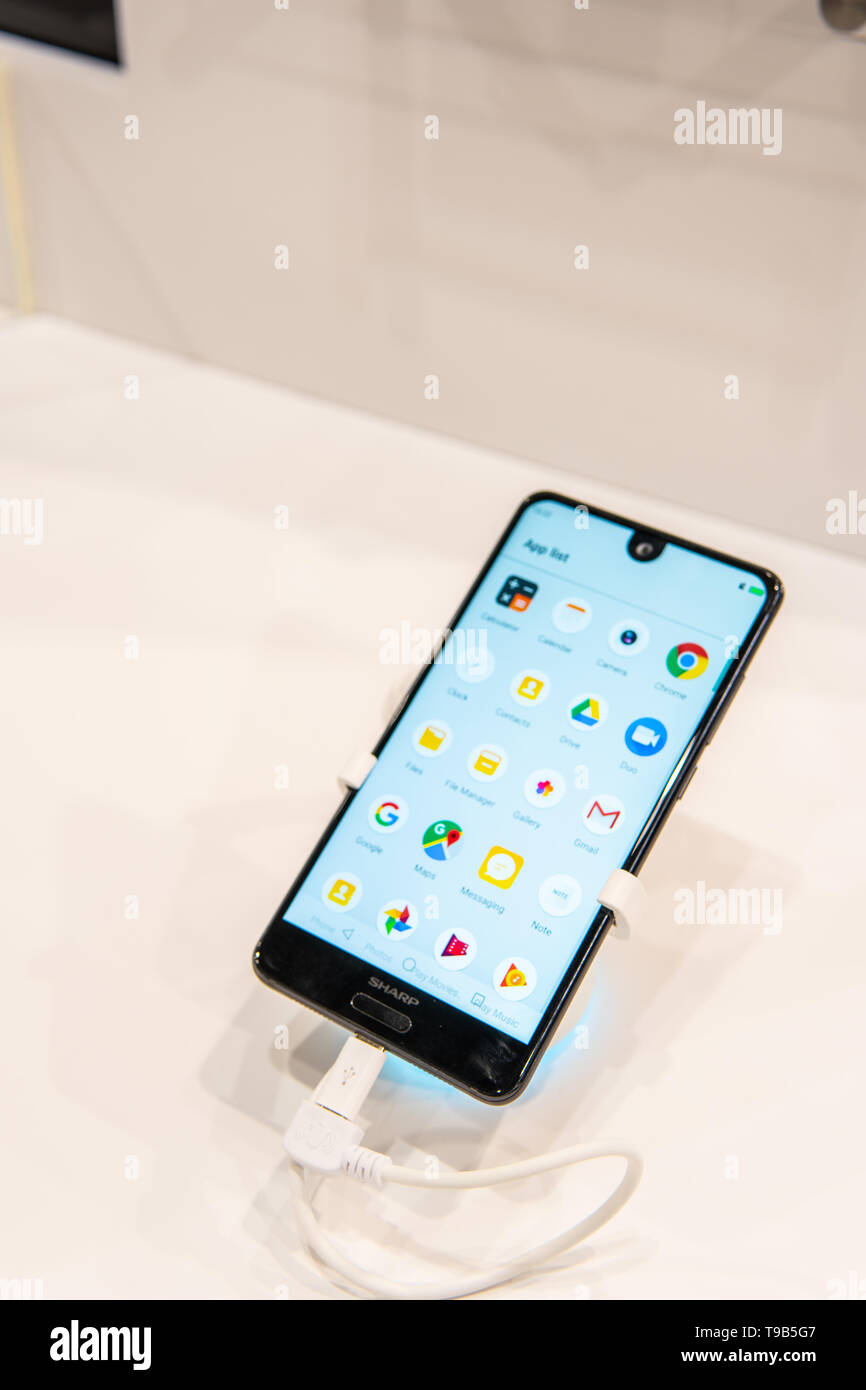 Sharp smartphone on display from 2018, with Android at Sharp exhibition ...