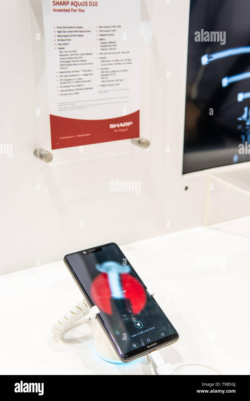 Sharp smartphone on display from 2018, with Android at Sharp exhibition pavilion showroom, stand ...