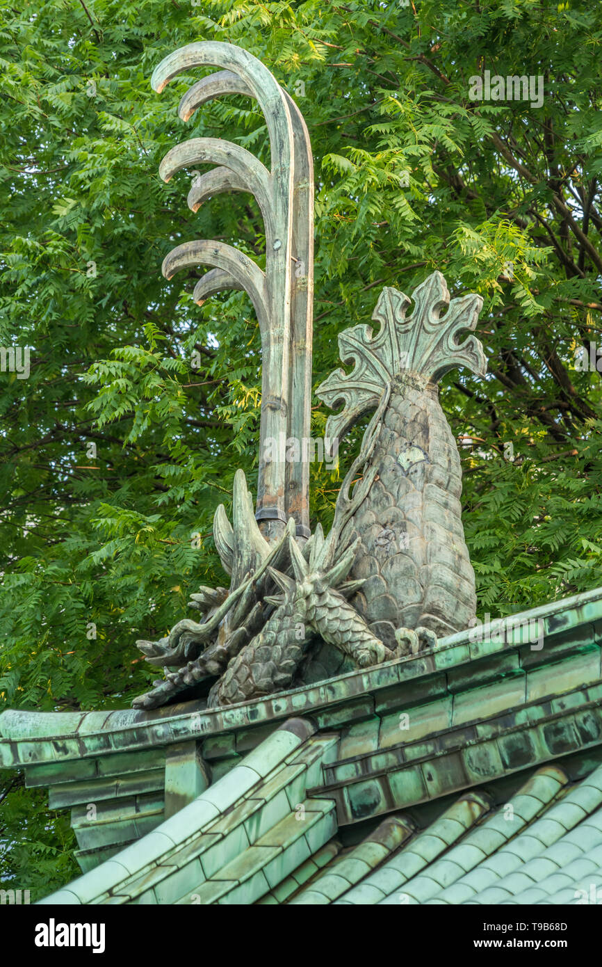 Onigawara 鬼瓦 Ogre goblin tile gargoyle style roof ornament at Taiseidan ...