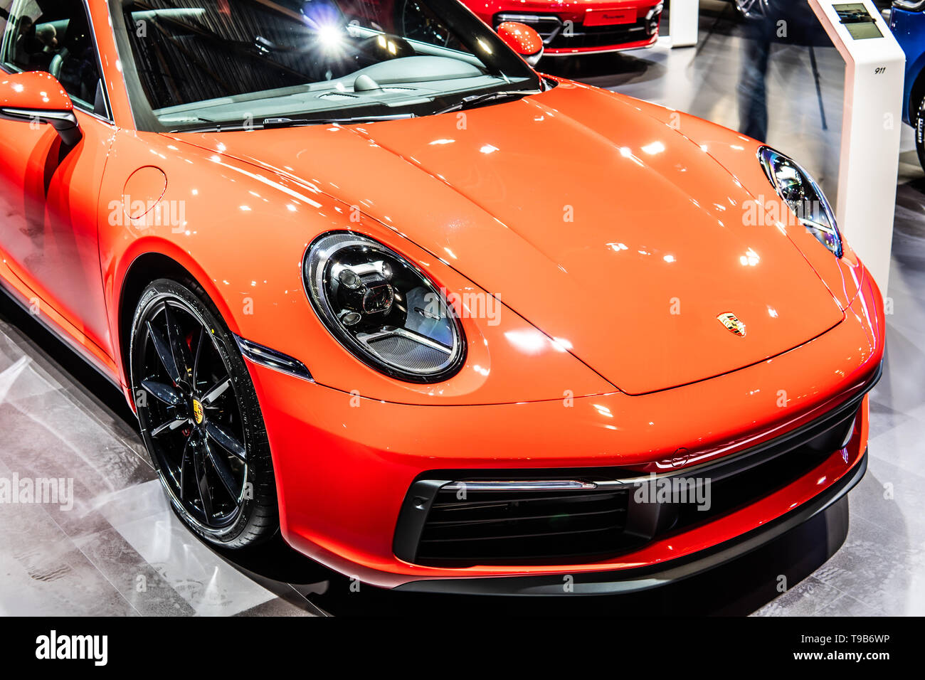 Brussels, Belgium, Jan 17, 2019: metallic red all new Porsche 911 ...