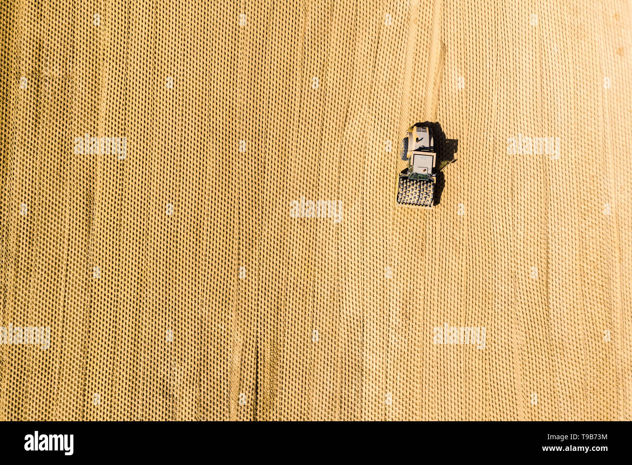 Aerial View. Roller steamroller or vibratory roller machine working on ...