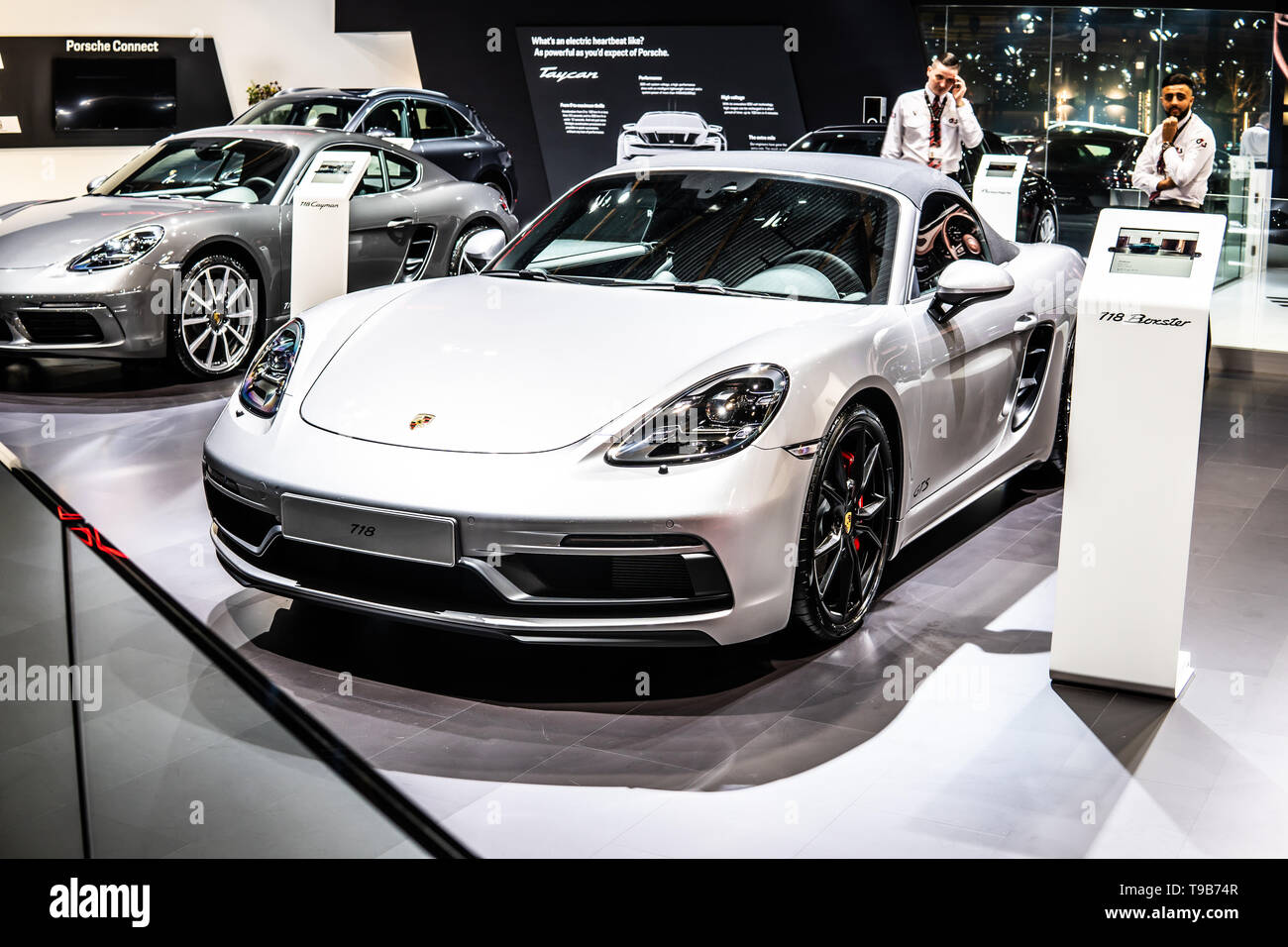 Brussels, Belgium, Jan 17, 2019: metallic silver Porsche 718 Boxster ...
