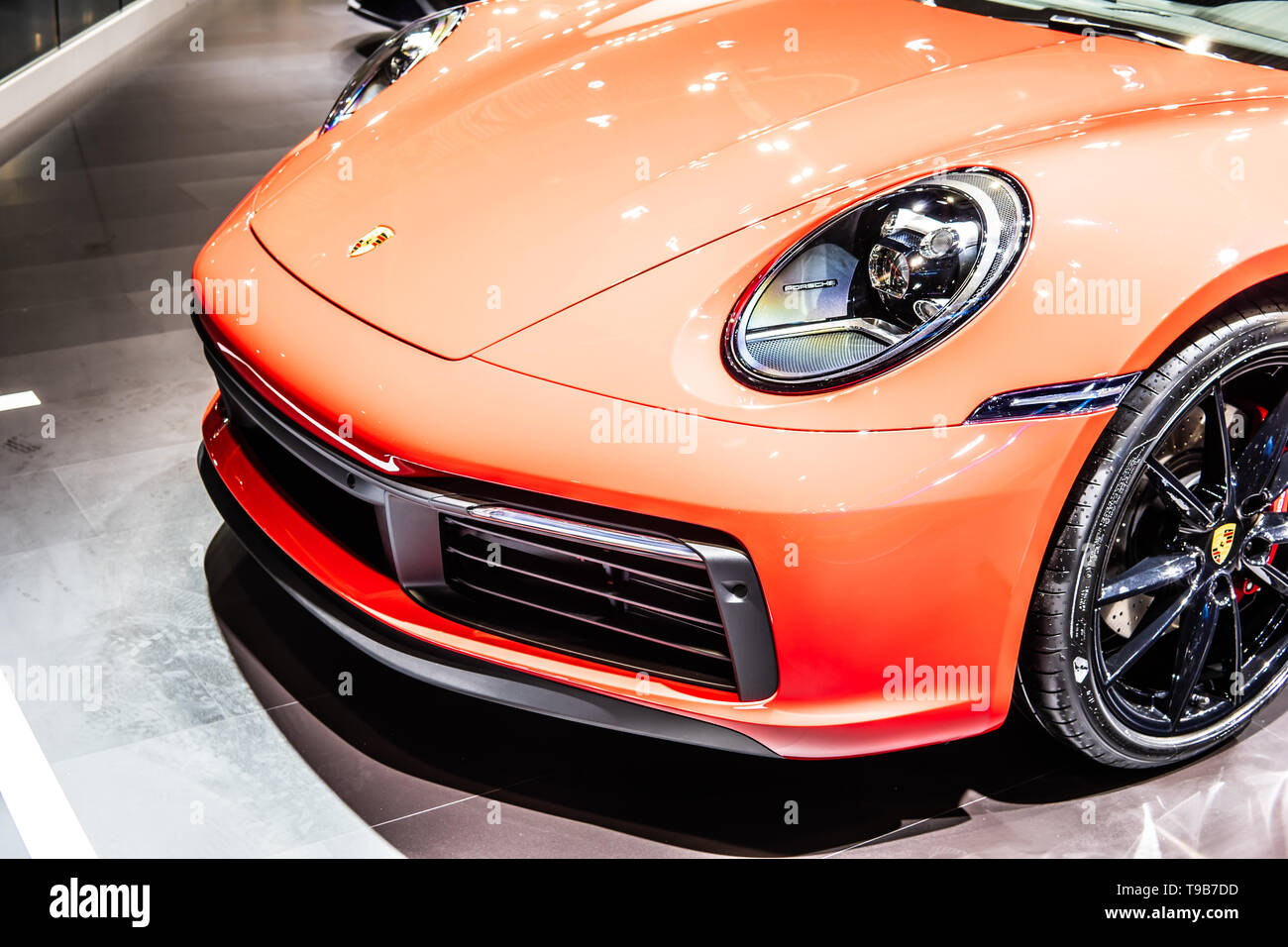 Brussels, Belgium, Jan 17, 2019: metallic red all new Porsche 911 ...