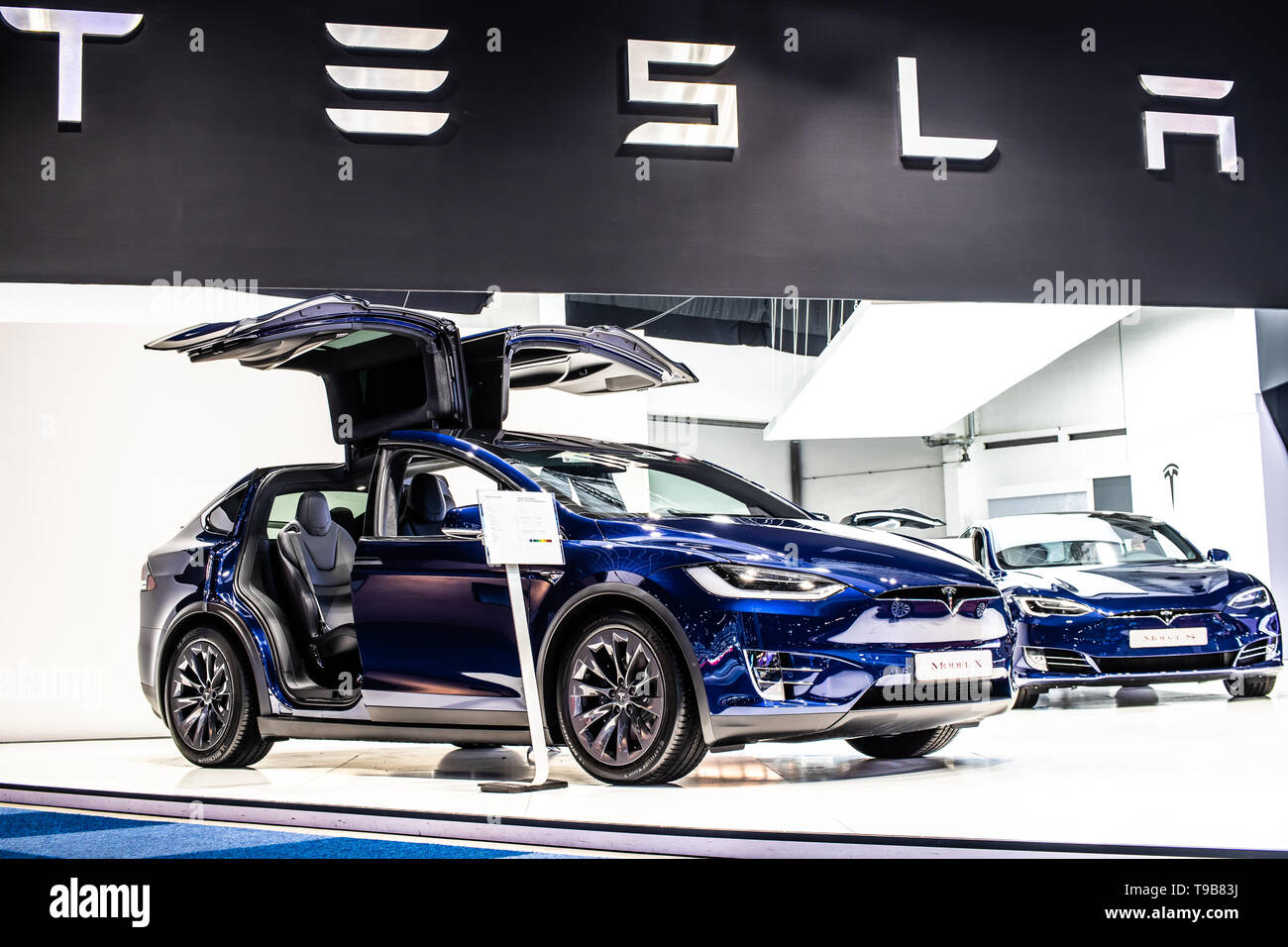 Brussels, Belgium, Jan 21, 2019: metallic blue Tesla Model X P100D at ...
