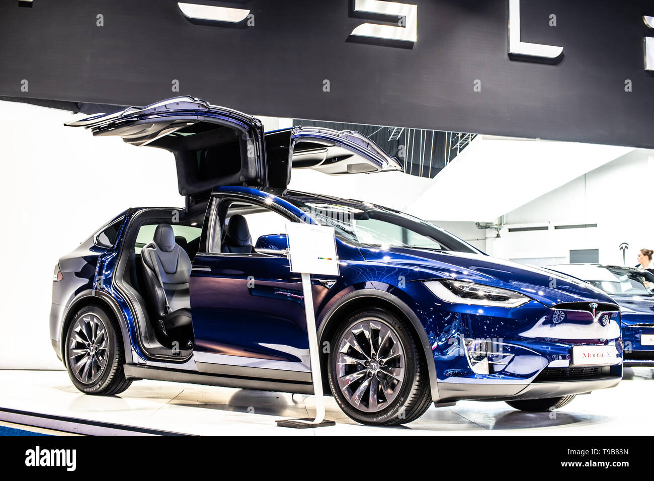 Brussels, Belgium, Jan 21, 2019: metallic blue Tesla Model X P100D at ...