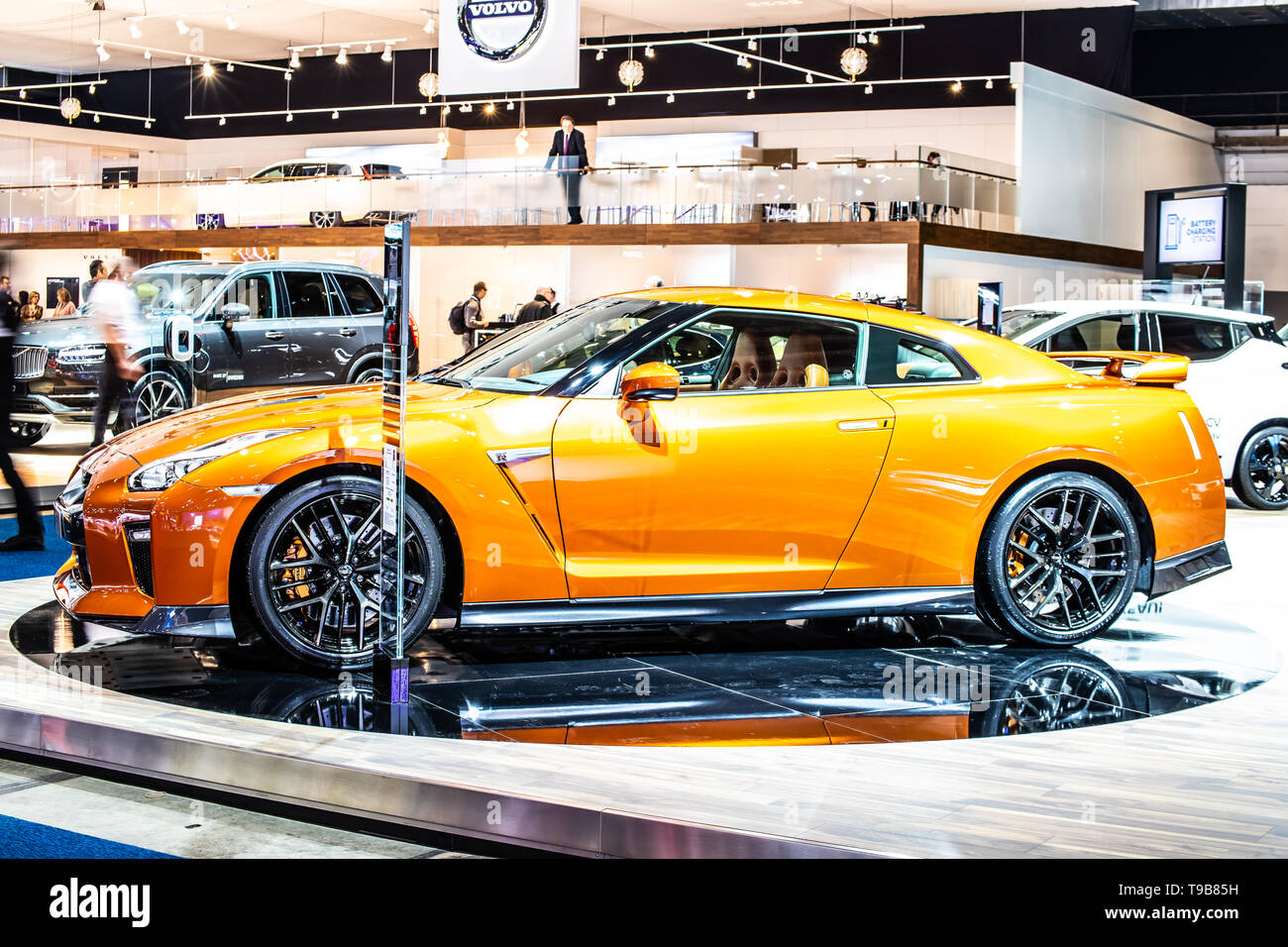 Brussels, Belgium, Jan 18, 2019: metallic orange Nissan GT-R at ...