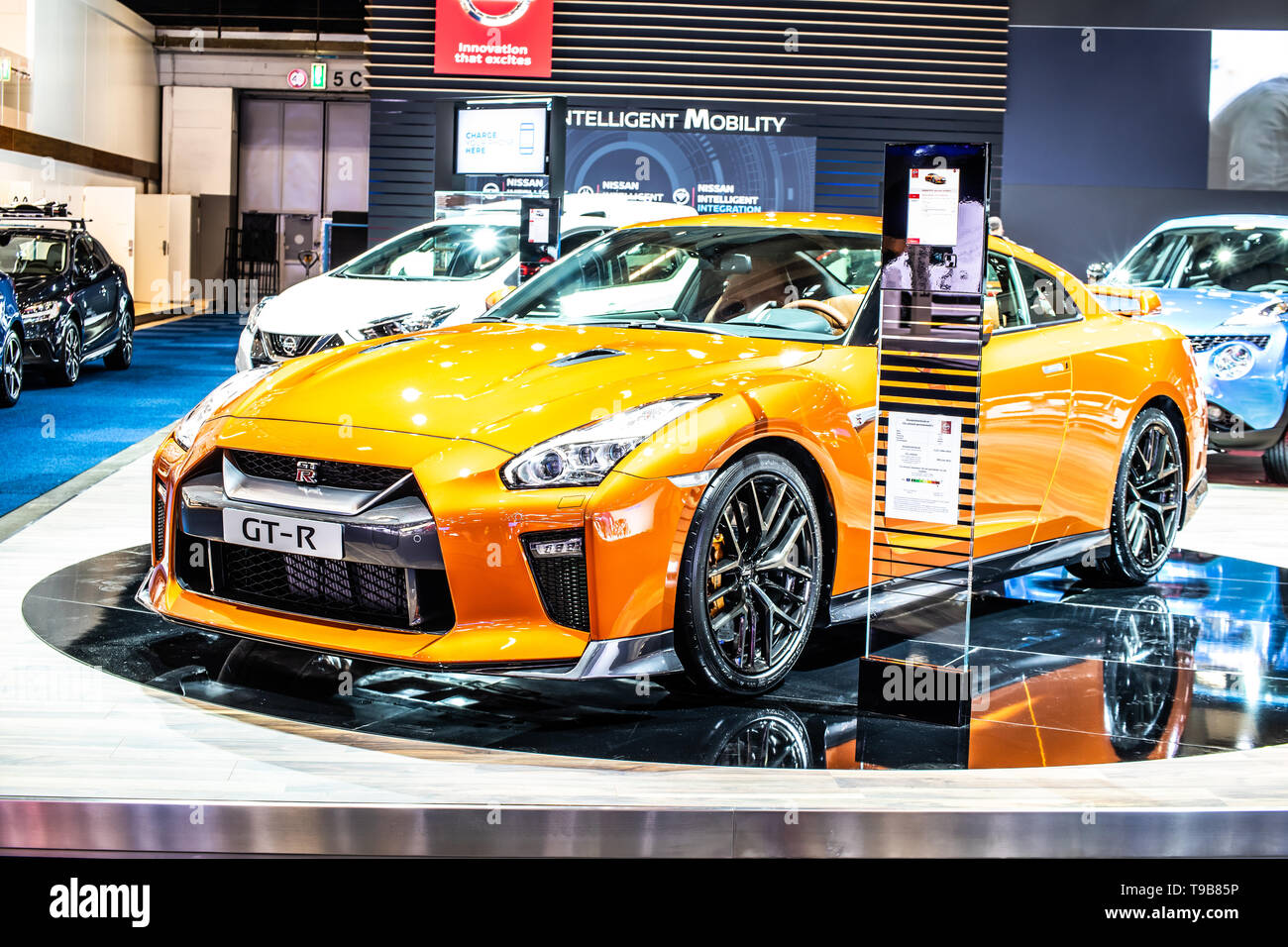 Brussels, Belgium, Jan 18, 2019: metallic orange Nissan GT-R at ...