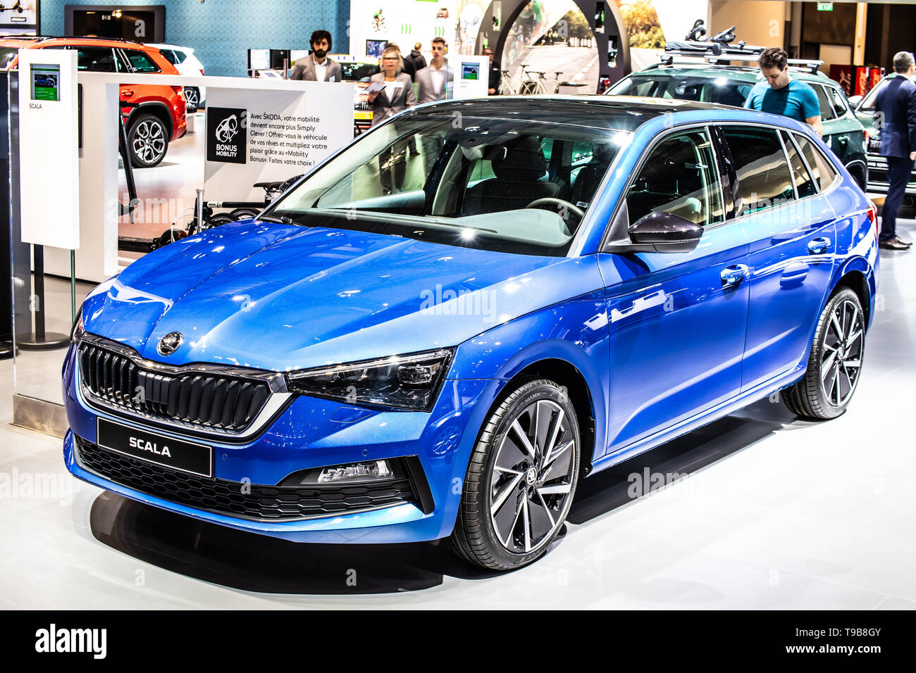 Brussels, Belgium, Jan 18, 2019: metallic blue all new Skoda Scala at ...