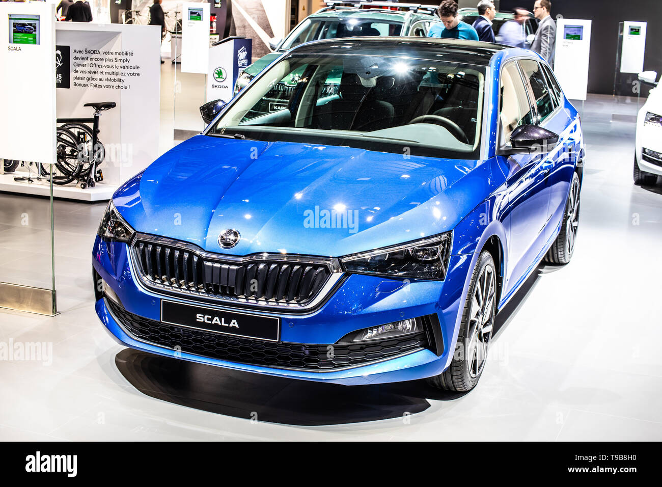 Brussels, Belgium, Jan 18, 2019: metallic blue all new Skoda Scala at ...
