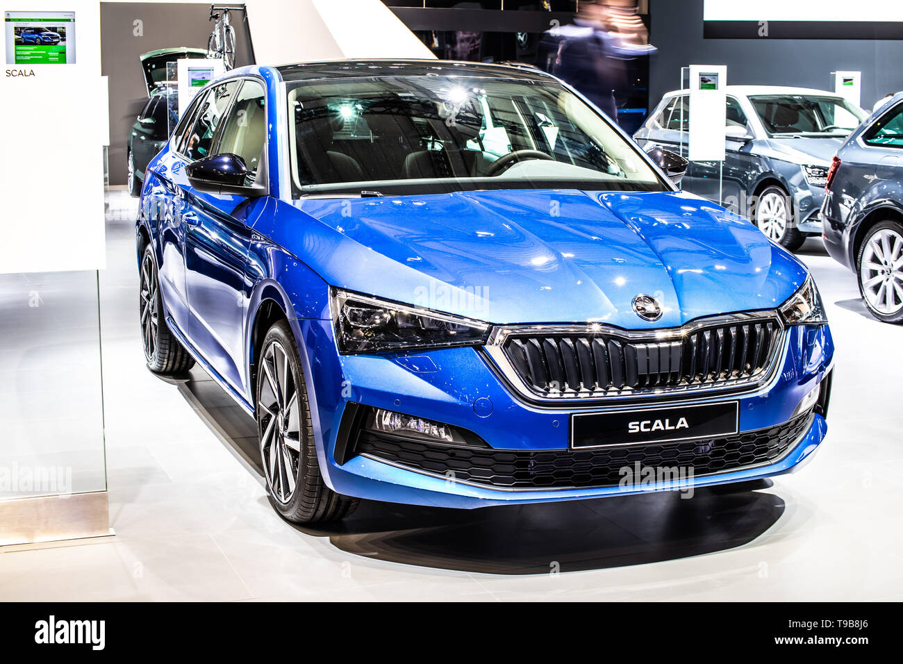 Brussels, Belgium, Jan 18, 2019: metallic blue all new Skoda Scala at ...