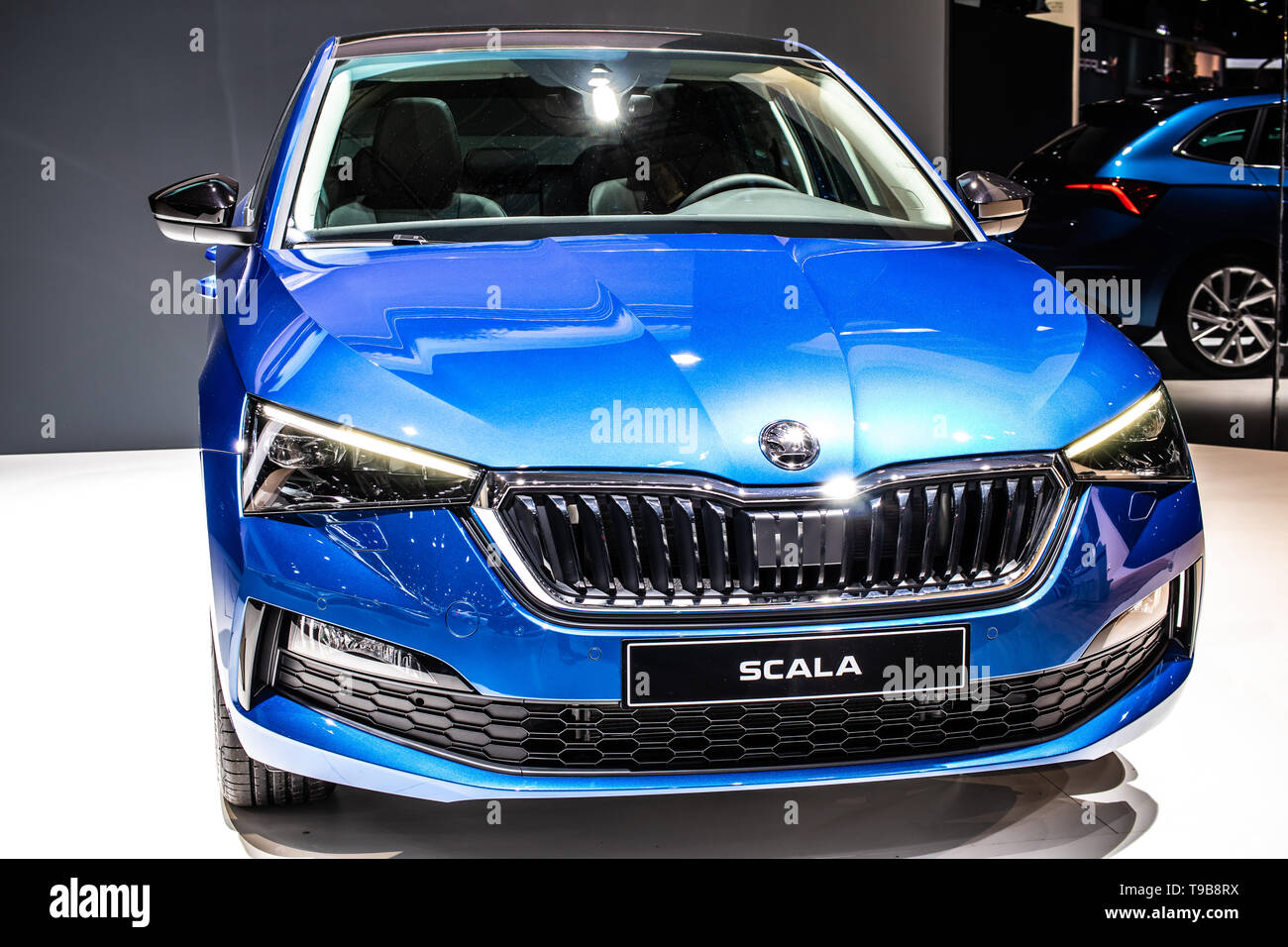 Brussels, Belgium, Jan 18, 2019: metallic blue all new Skoda Scala at ...