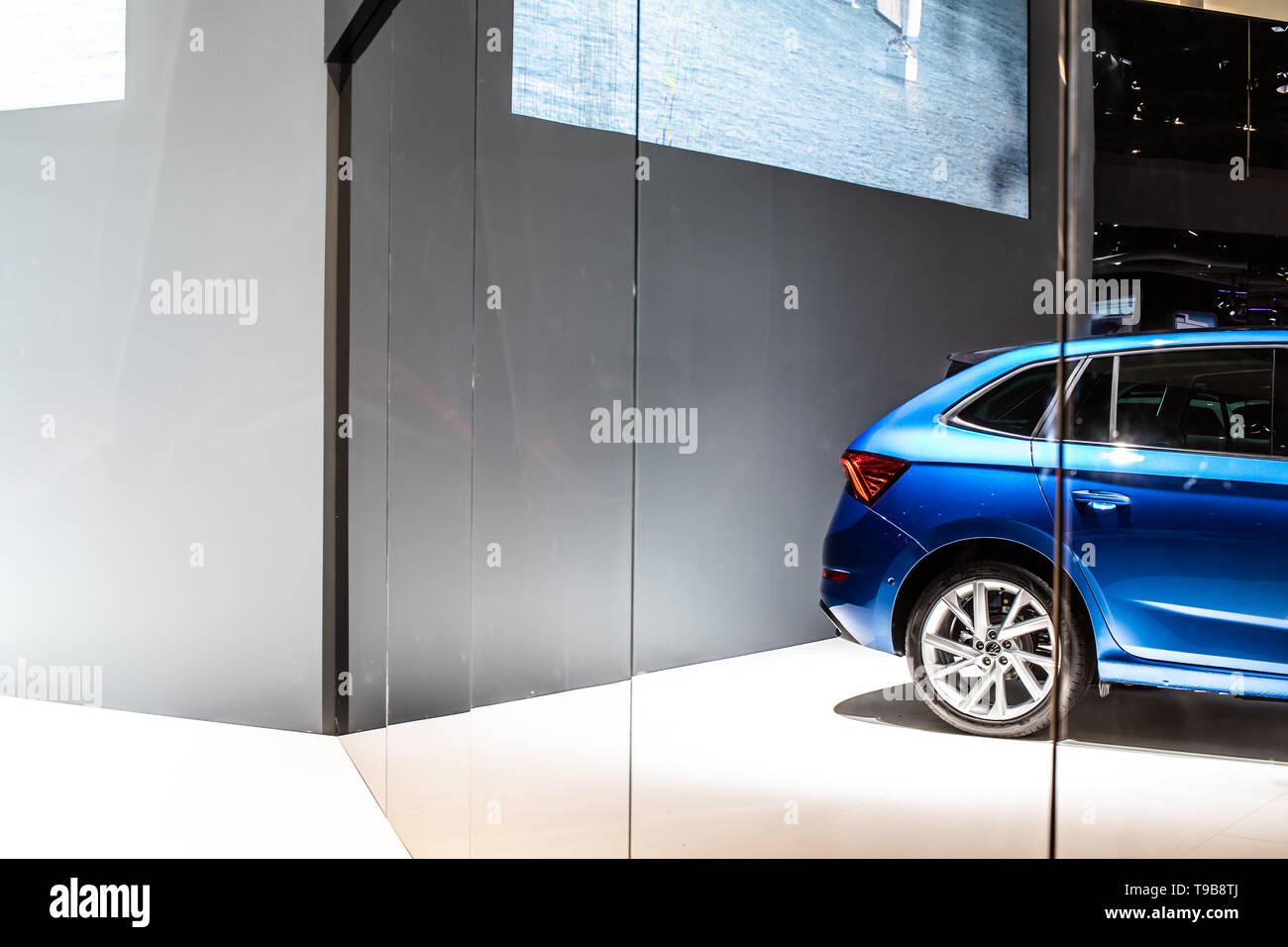 Brussels, Belgium, Jan 18, 2019: metallic blue all new Skoda Scala at ...