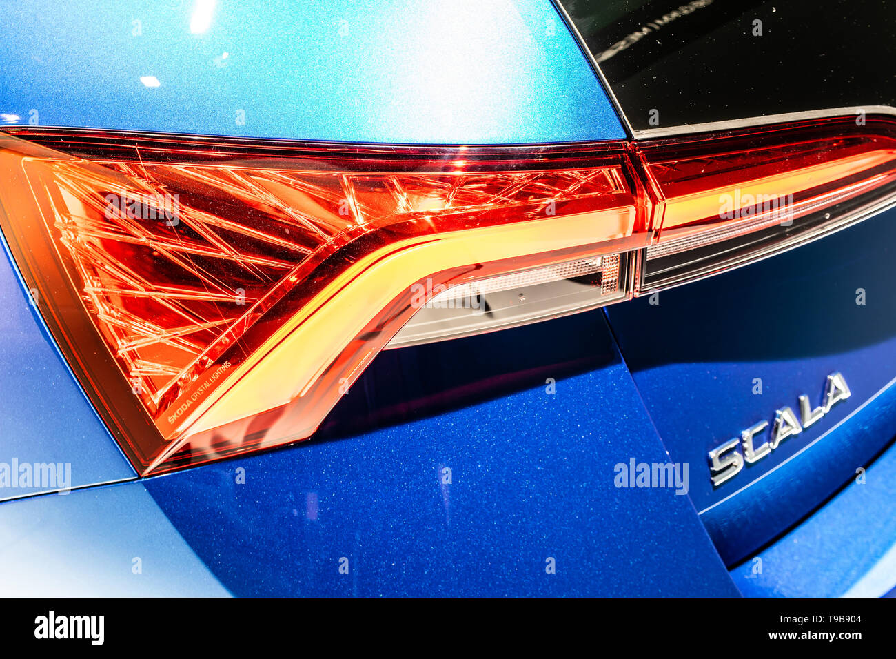 Brussels, Belgium, Jan 18, 2019: metallic blue all new Skoda Scala at ...