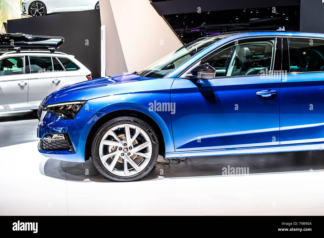 Brussels, Belgium, Jan 18, 2019: metallic blue all new Skoda Scala at ...