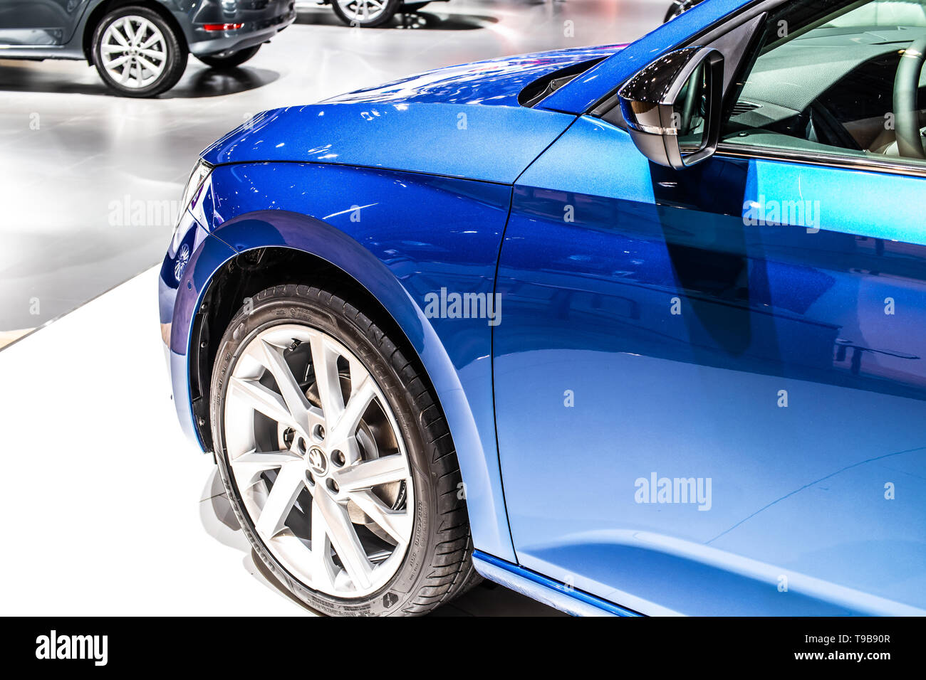 Brussels, Belgium, Jan 18, 2019: metallic blue all new Skoda Scala at ...