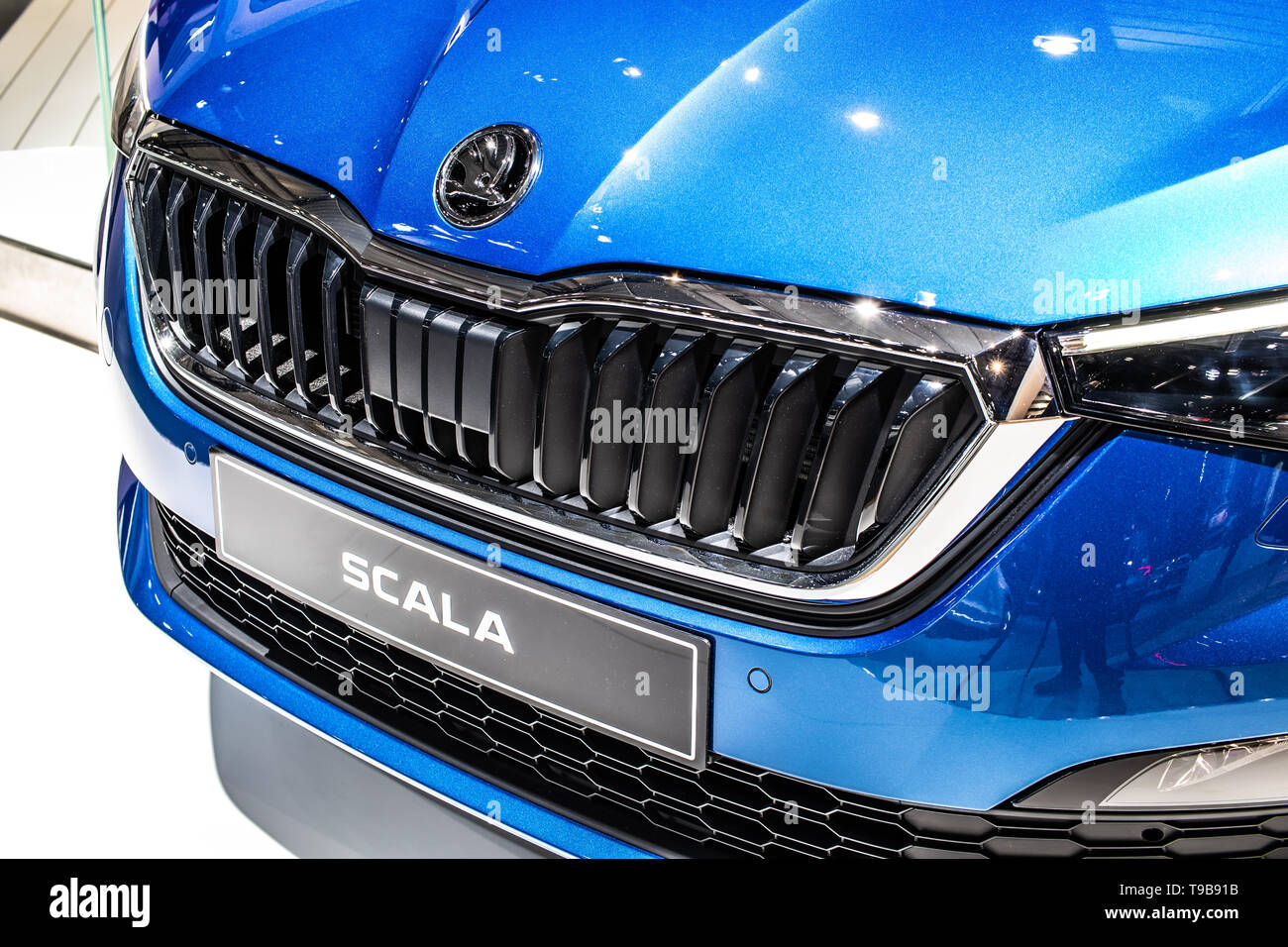 Brussels, Belgium, Jan 18, 2019: metallic blue all new Skoda Scala at ...