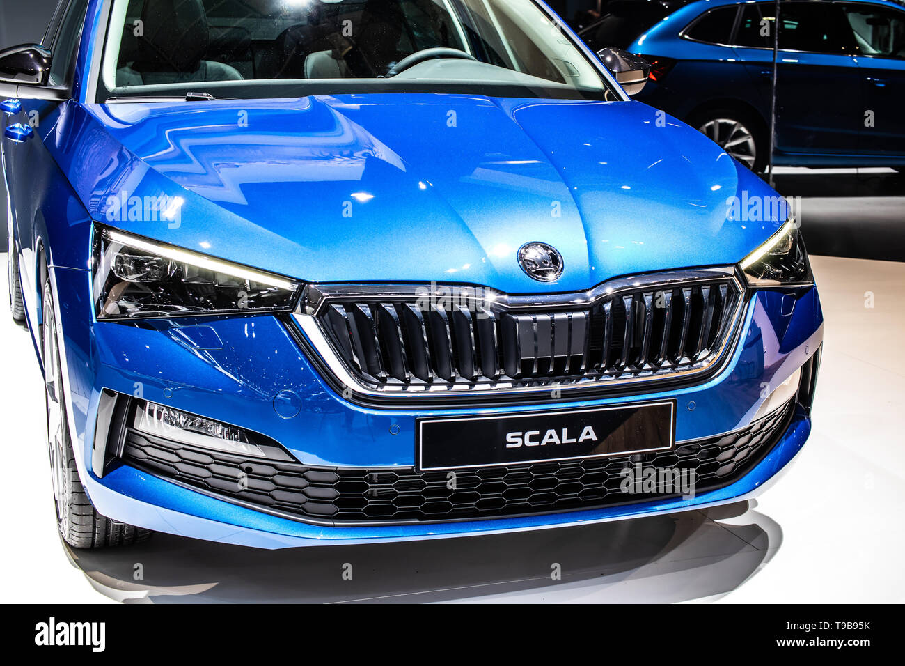 Brussels, Belgium, Jan 18, 2019: metallic blue all new Skoda Scala at ...