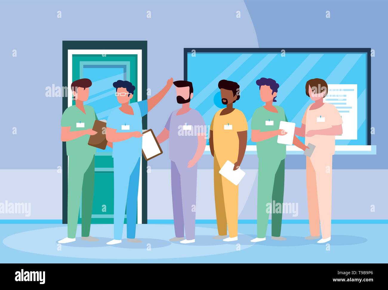 group of doctors in hospital avatar character vector illustration ...