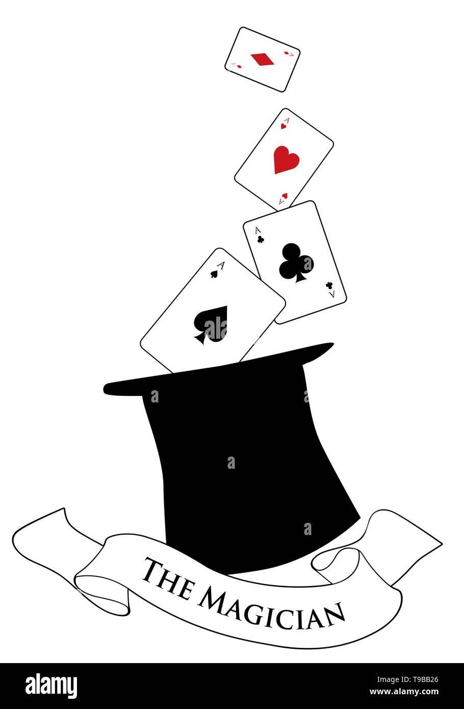 The Magician. Text banner. Hat with four aces out of it isolated on ...