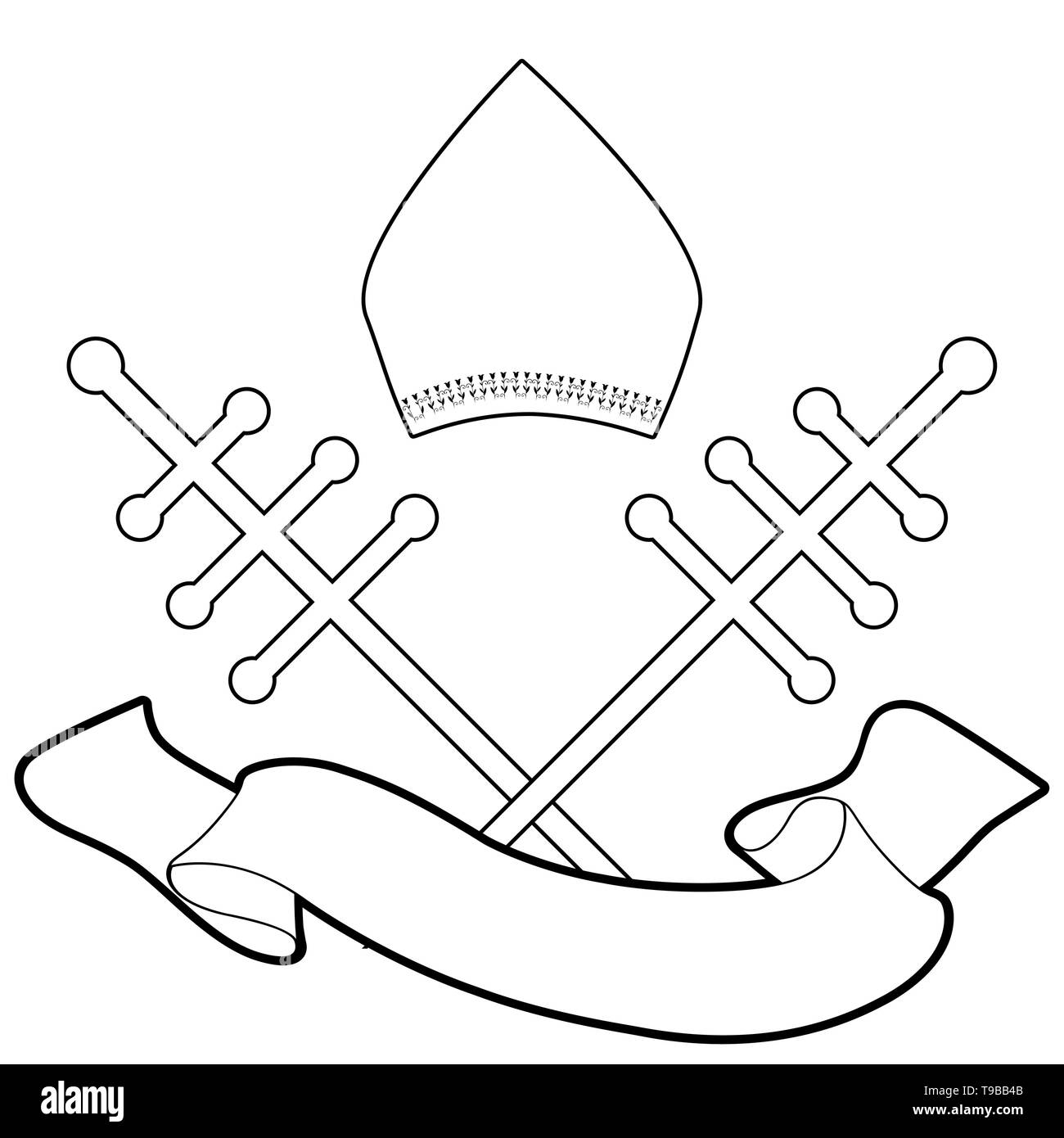 Pope miter with crosiers and blank banner text isolated on white ...