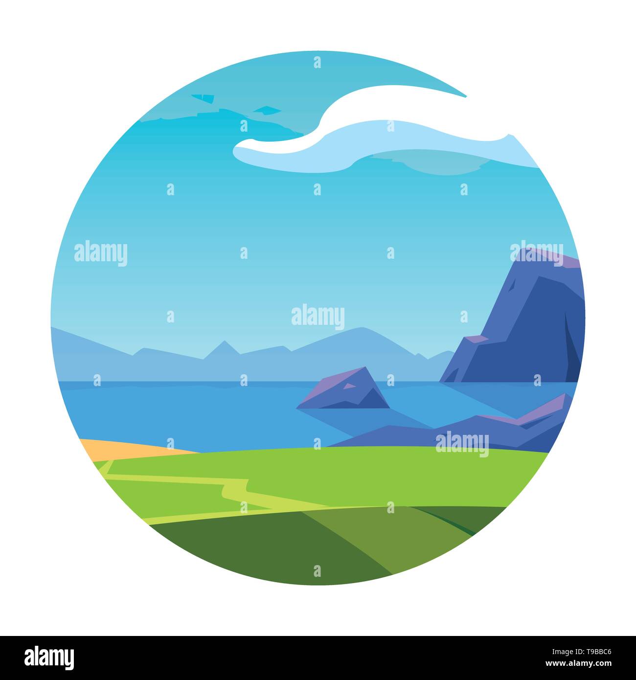 landscape with lake scene in frame circular vector illustration design ...