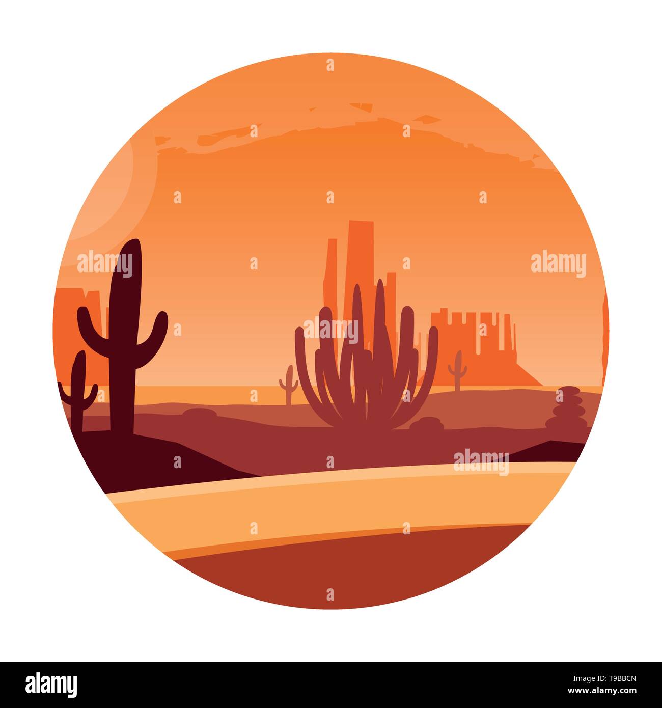 desert landscape scene in frame circular vector illustration design ...