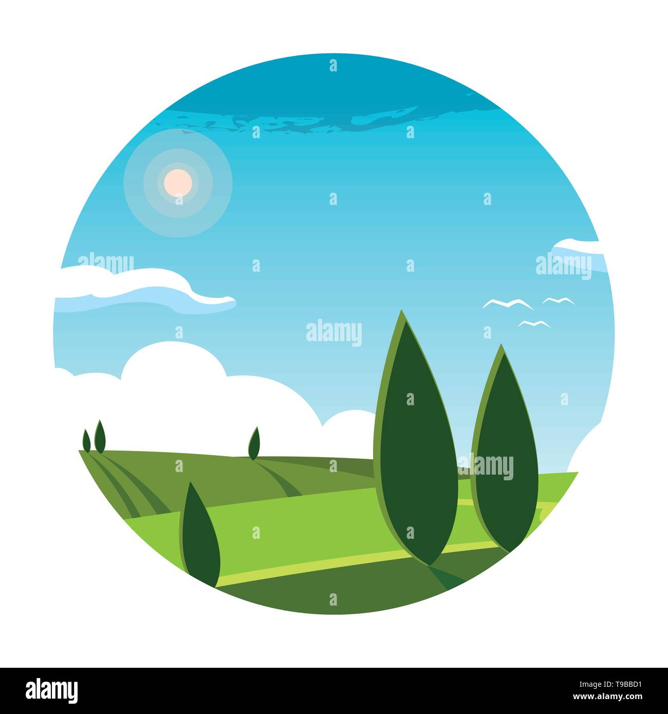 landscape nature scene in frame circular vector illustration design ...