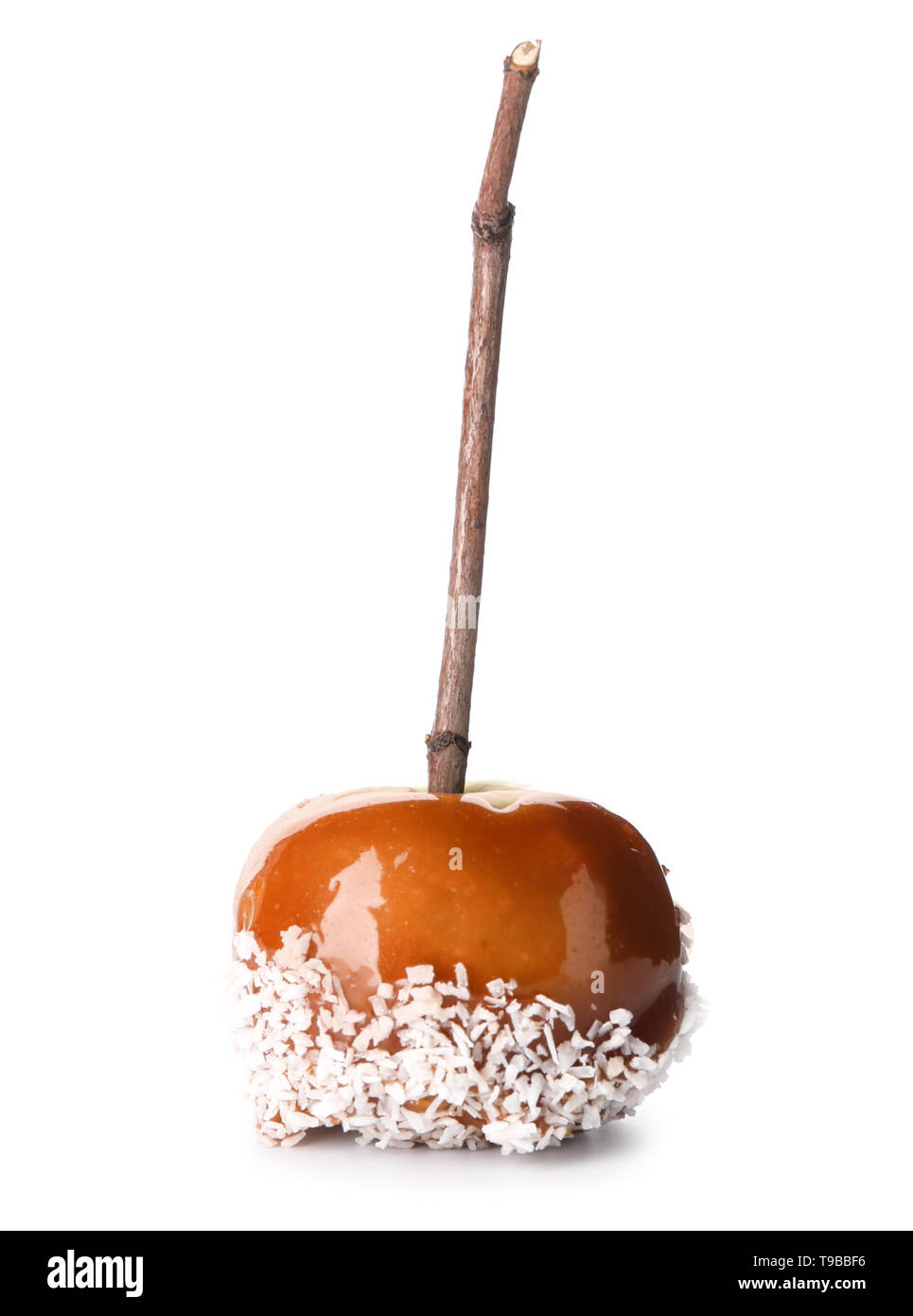 Delicious caramel apple with tree branch on white background Stock ...