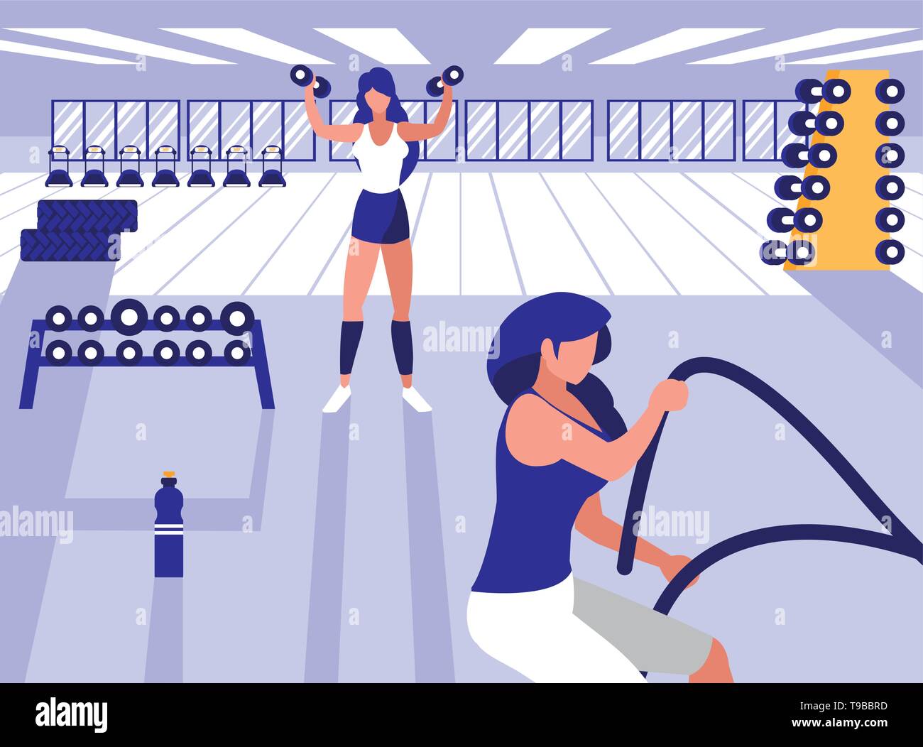 athletic women lifting dumbbells and rope sport in gym vector ...