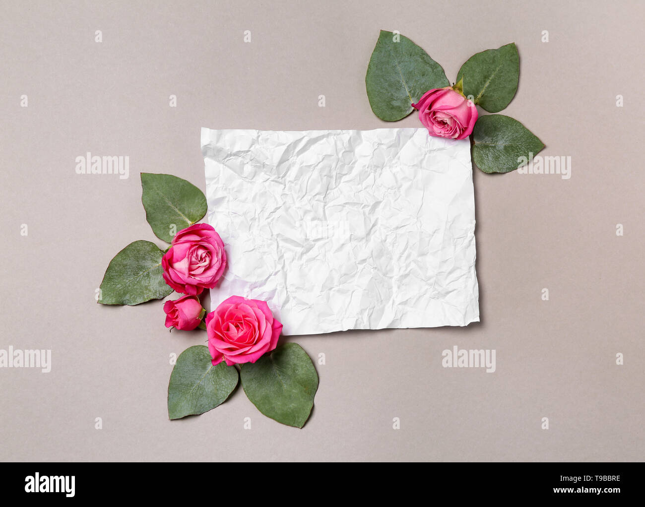 Composition with beautiful pink roses and crumpled paper card on grey ...
