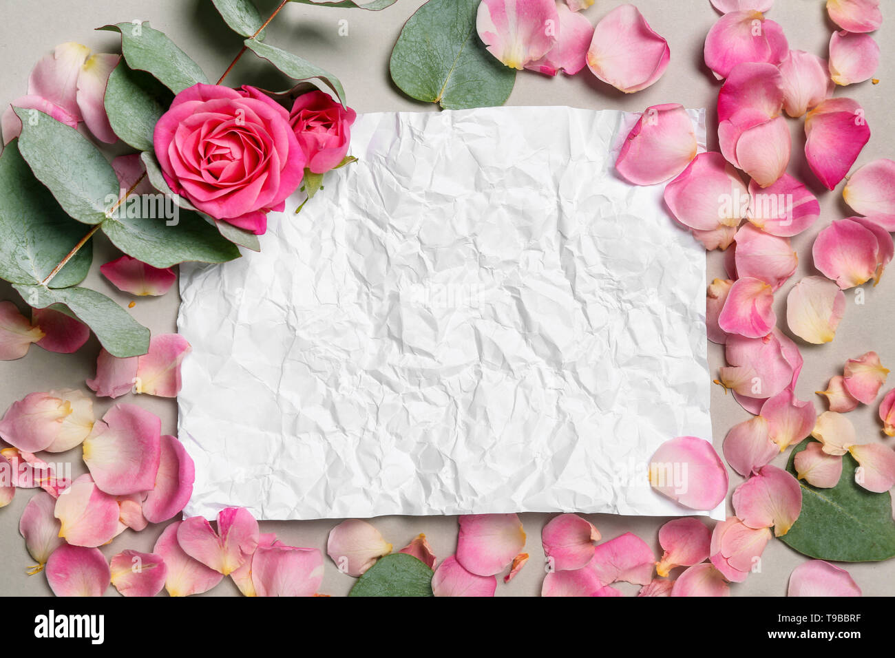 Composition with beautiful pink rose petals and crumpled paper card on ...