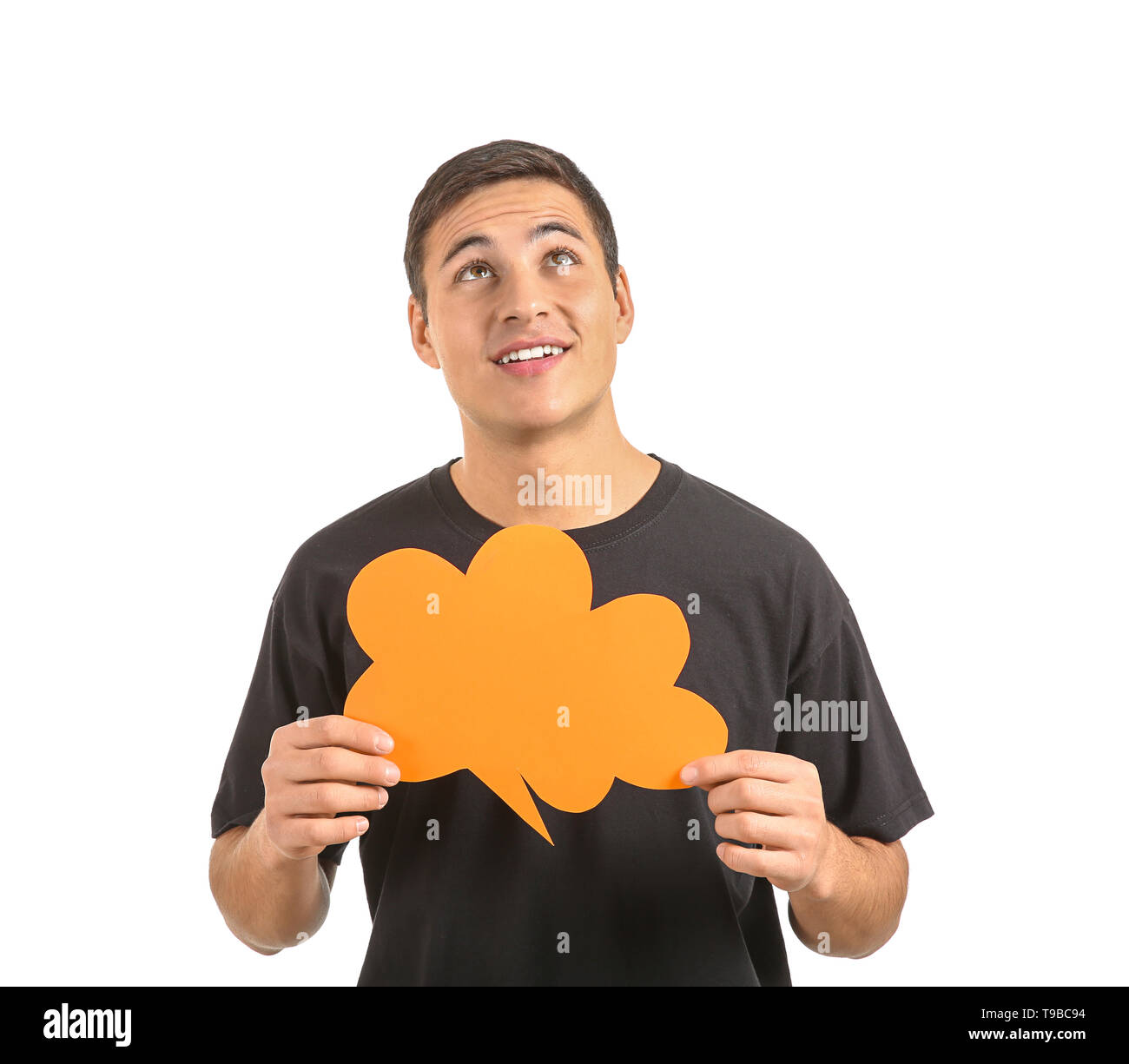 Thoughtful man with speech bubble on white background Stock Photo - Alamy