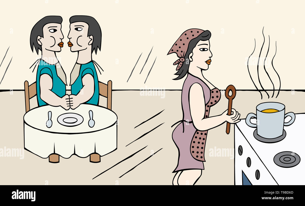 Mother cooking and kids brothers waiting. The kids share just one plate ...