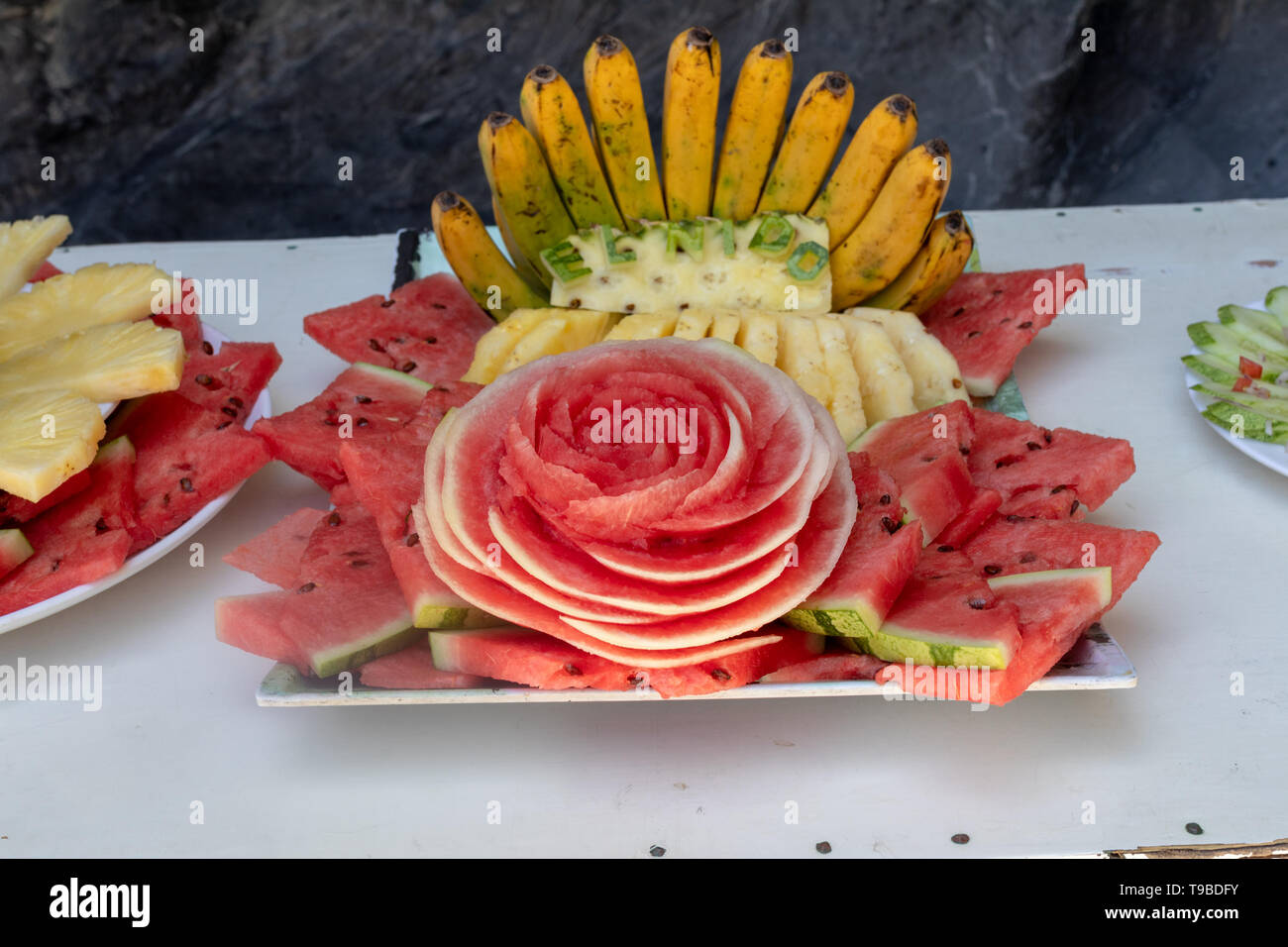 Beautiful arrangement of fresh fruit being served on the beach in El ...