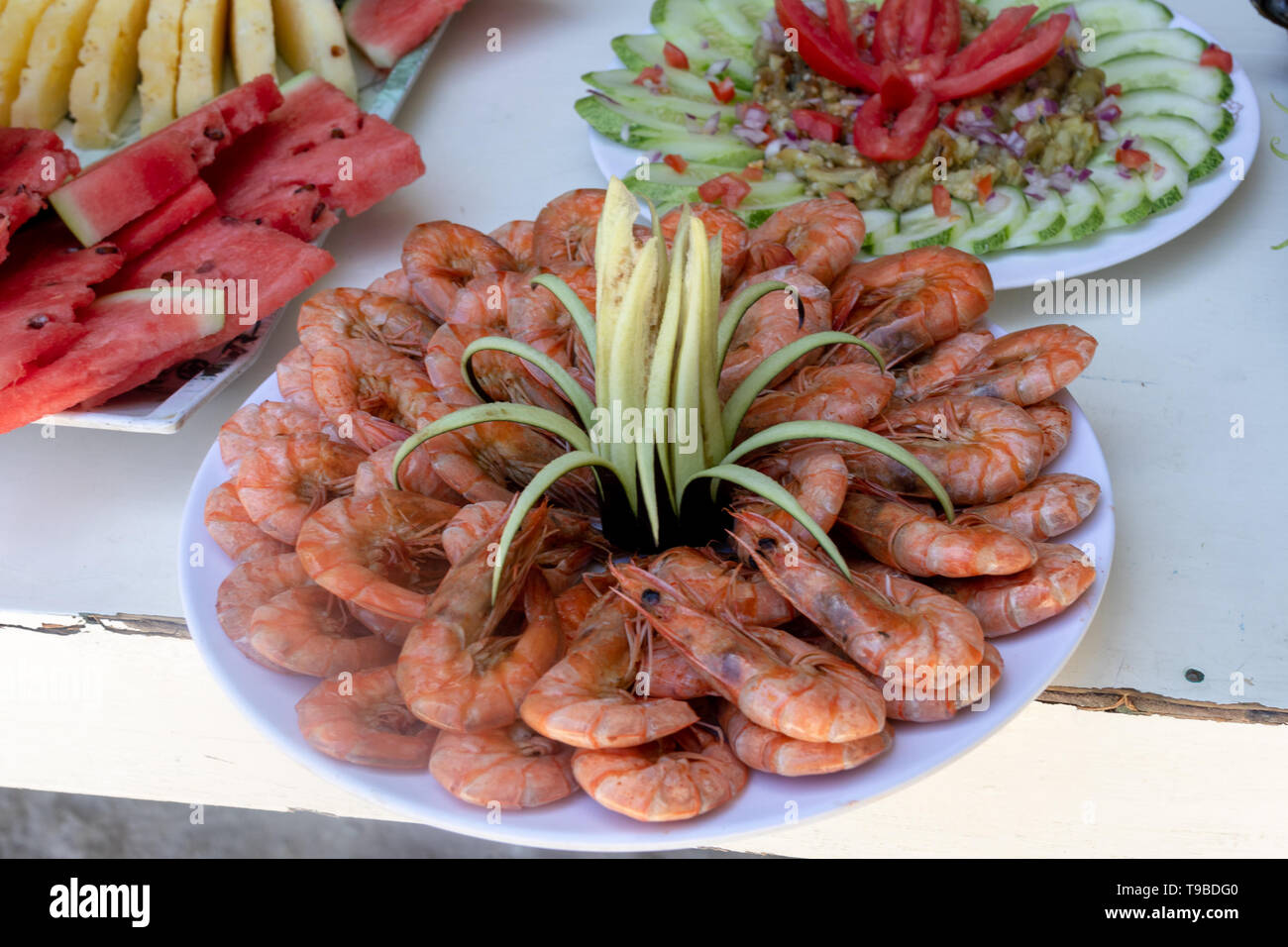 Beautiful arrangement of shrimp being served on a beach in El Nido ...