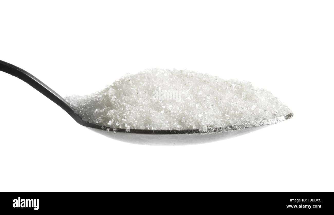 Spoon with sugar on white background Stock Photo - Alamy