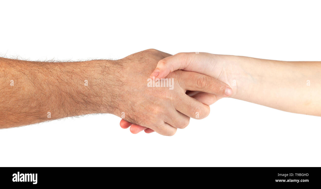 Closeup of people shaking hands isolated on white background. Two ...