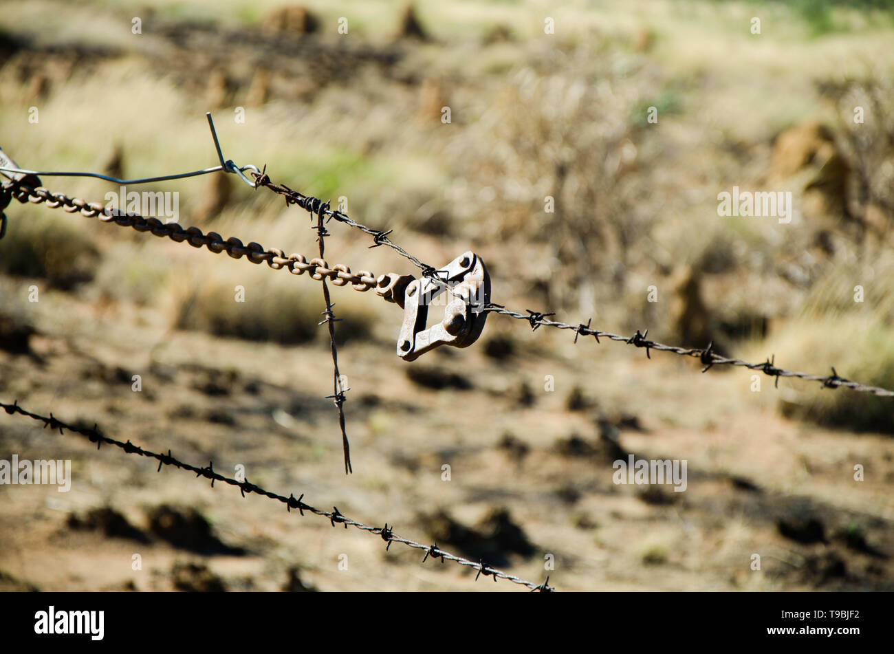 A man repairs a barb wire fence in Outback Australia using fencing ...